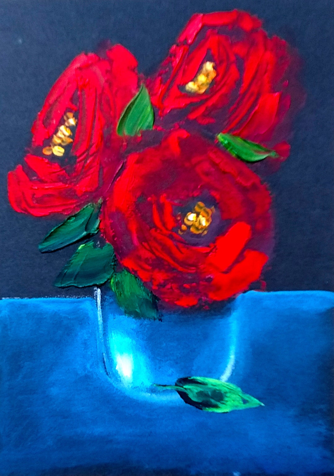 Three Red Roses Painting Vase Original Art Oil Impasto Palette Knife ...