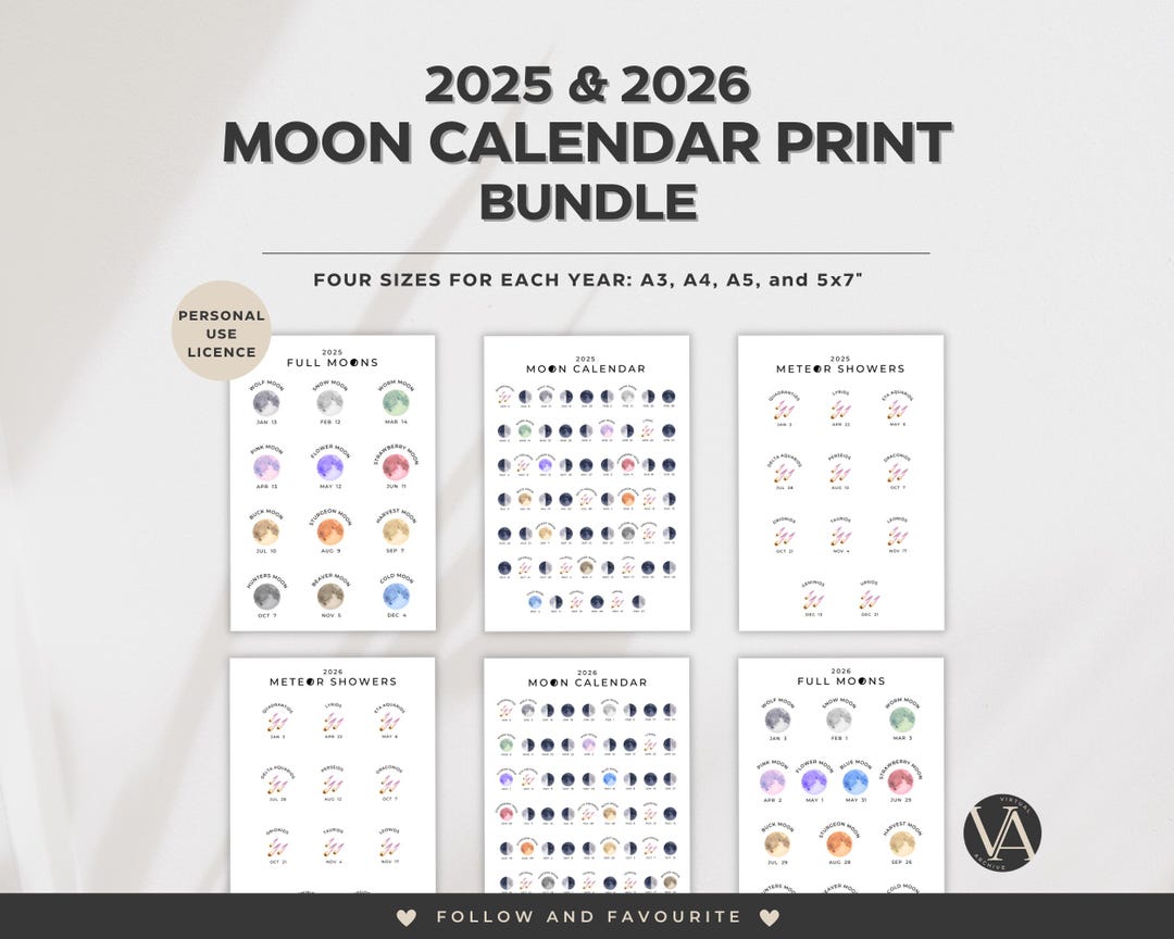 2025-2026 Moon Calendar Print | Lunar Cycle | Meteor Showers | Full Moons | Astro | Tracker ...