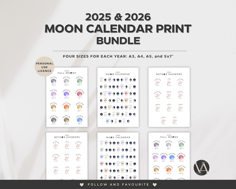 2025-2026 Moon Calendar Print | Lunar Cycle | Meteor Showers | Full ...