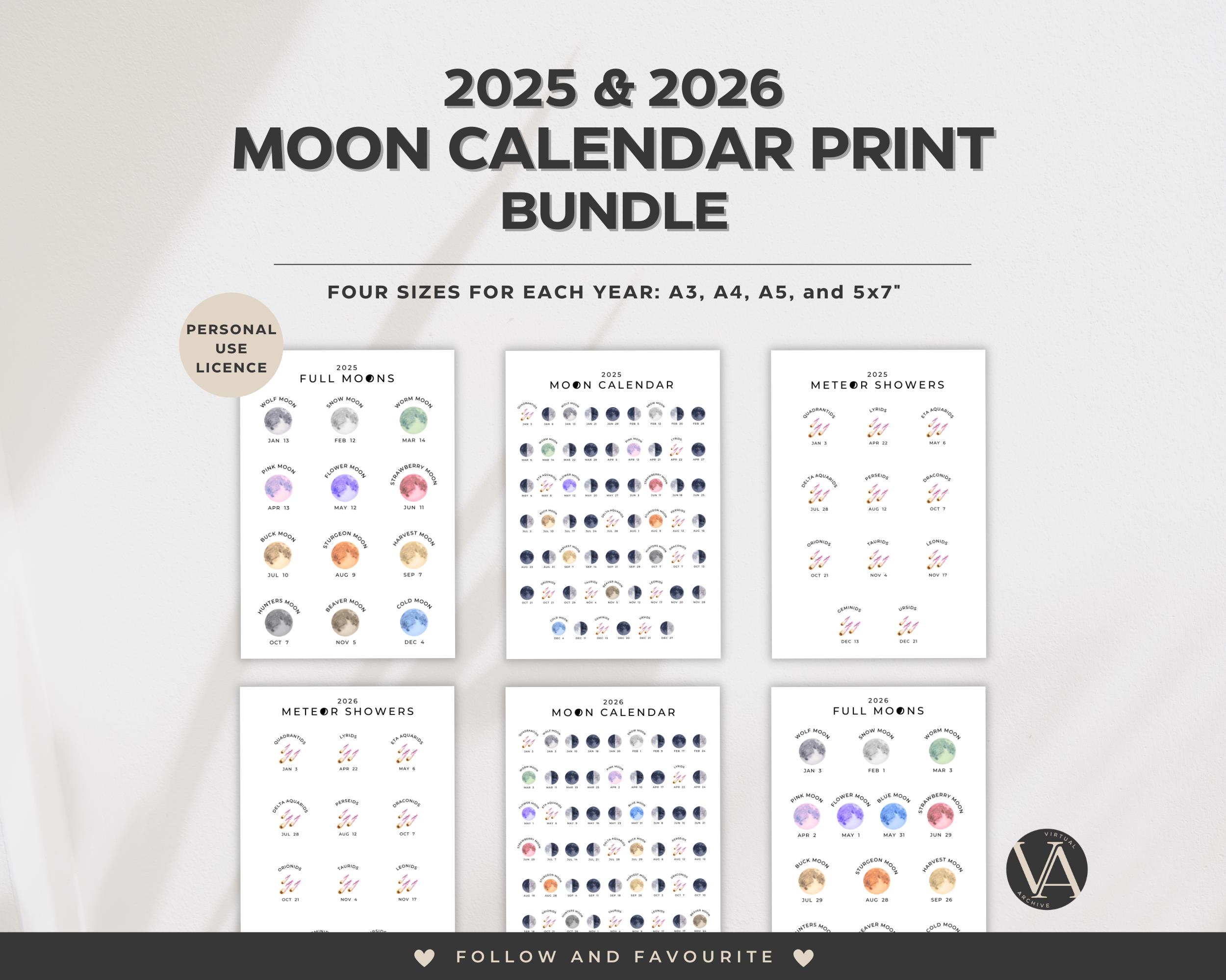 2025-2026 Moon Calendar Print | Lunar Cycle | Meteor Showers | Full ...