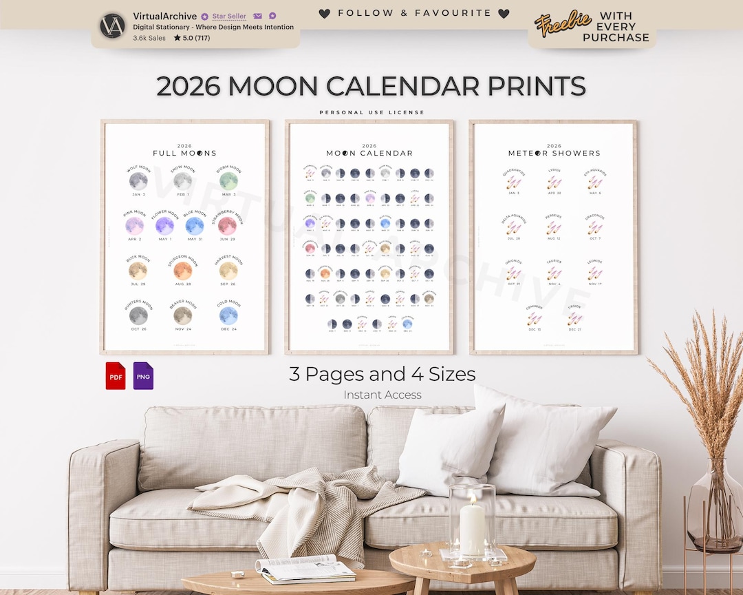 2026 Moon Calendar Print | Lunar Cycle | Meteor Showers | Full Moons ...