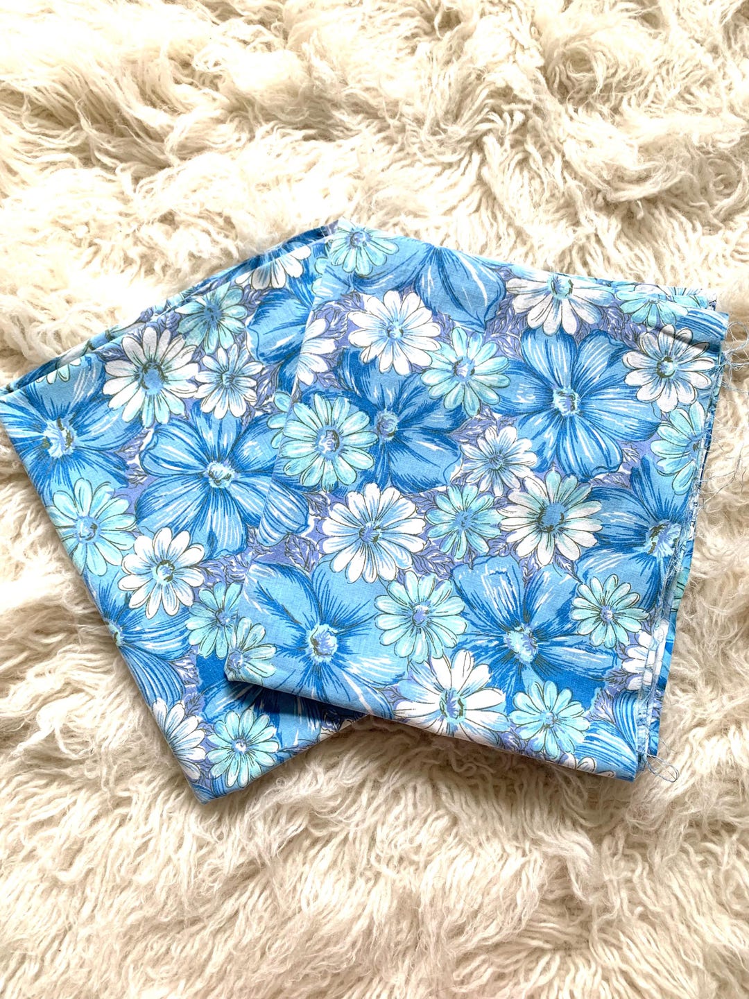 Vintage Retro Blue Flower Power Cut Sheet Fabric Length x2 Cotton or ...
