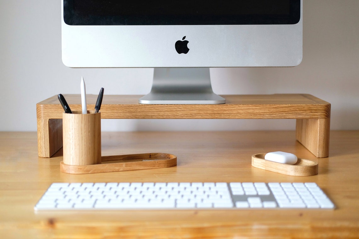 Oak Wood Monitor Stand Computer Stand Desk Storage | Etsy