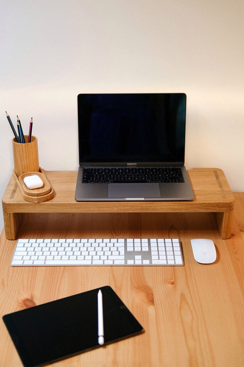 Oak Wood Monitor Stand Computer Stand Desk Storage | Etsy