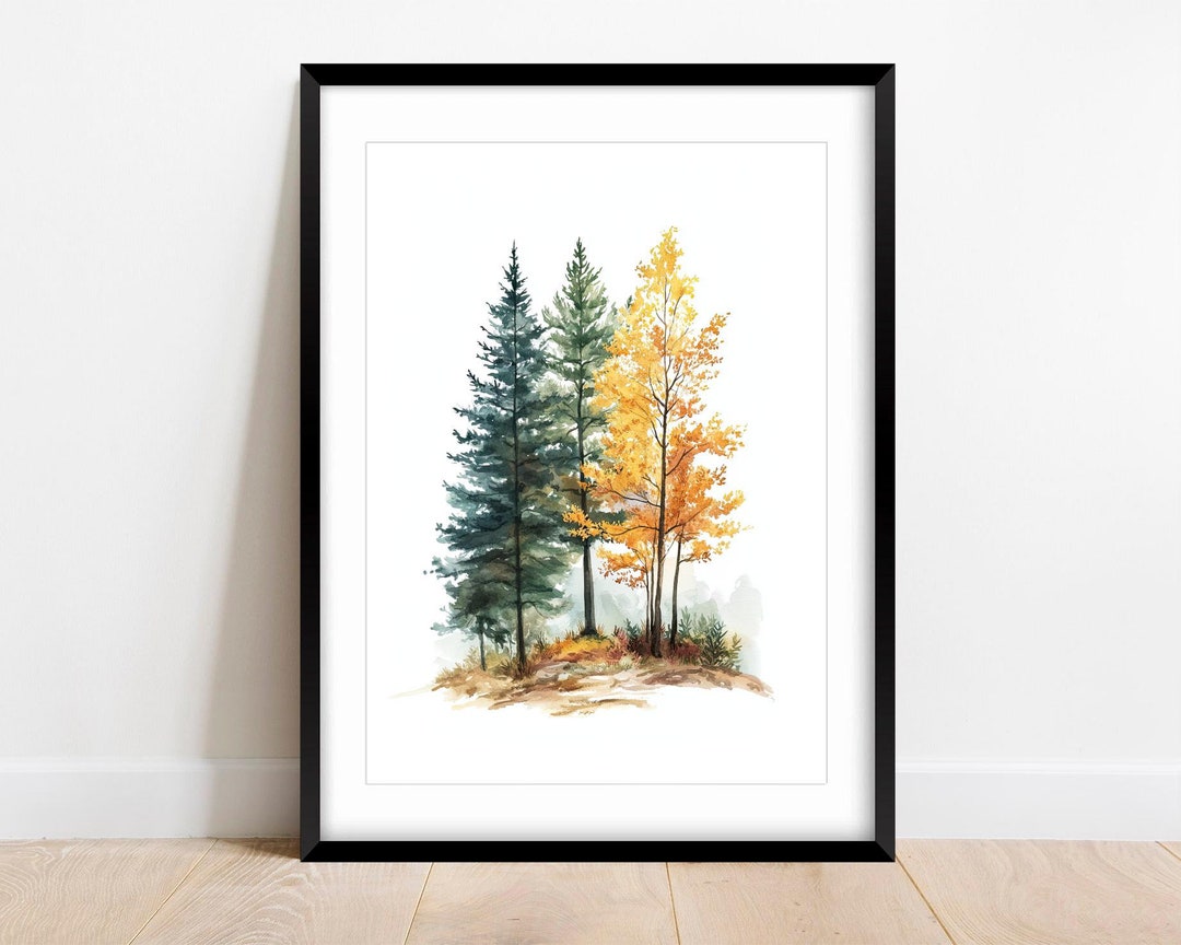 Watercolor Pine and Tree Forest Art Print - Minimalist Nature Wall ...