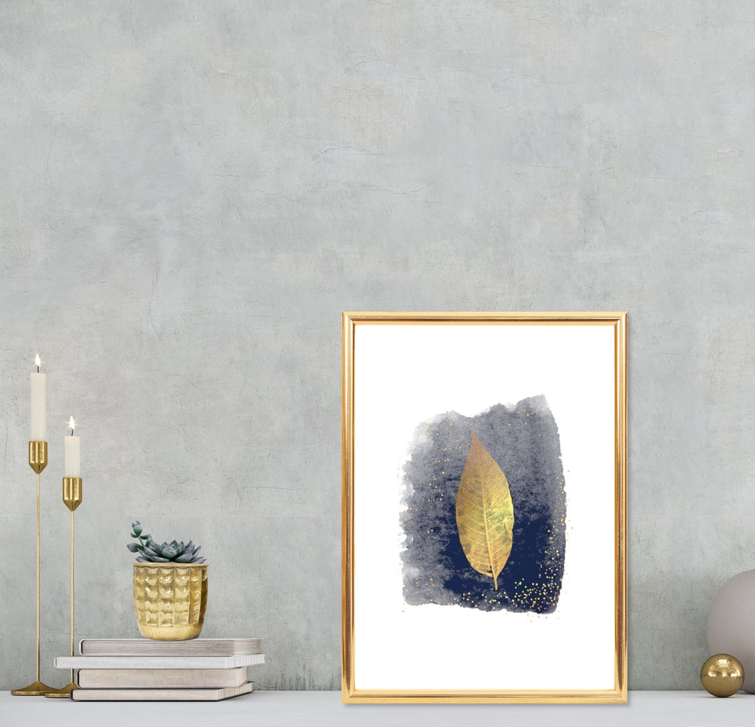 Golden Leaf Print, Navy Blue Gold Print, Gold Leaves Print, Printable ...