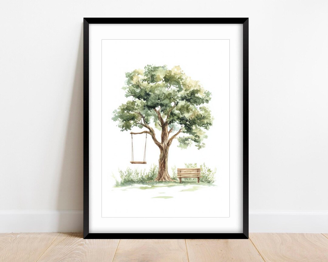 Nature Poster Oak Tree Watercolor With Swing and Bench - Etsy