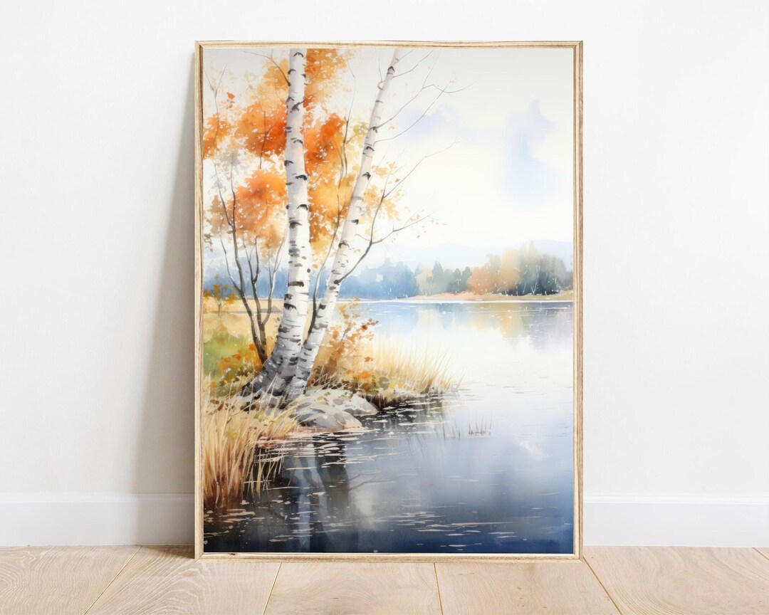 Watercolor Landscape Poster Trees by the Water Nature Art - Etsy