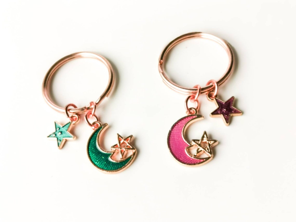 Moon and Star Celestial Keyring Moon and Star Keyring in Rose - Etsy UK