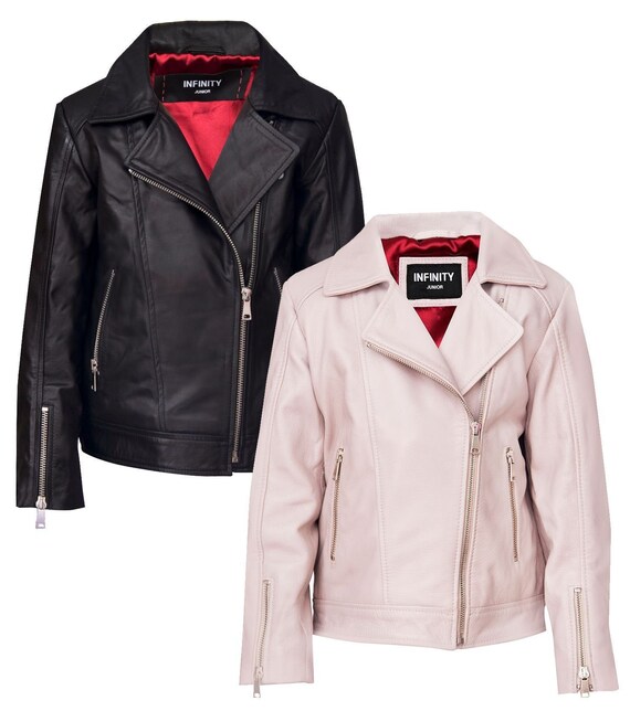 Girls Kids Real Leather Biker Style Jacket Cross Zip Black - Etsy