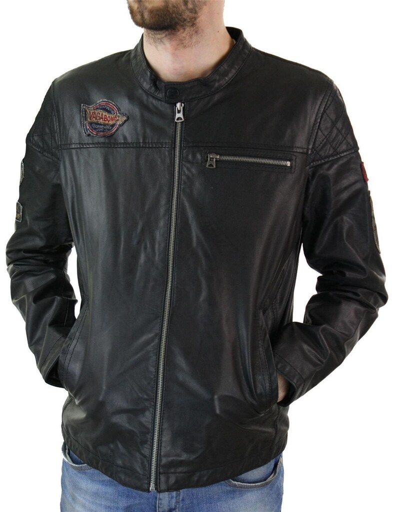 Mens Black Distressed Biker Zip Racing Jacket Badge Nehru - Etsy UK