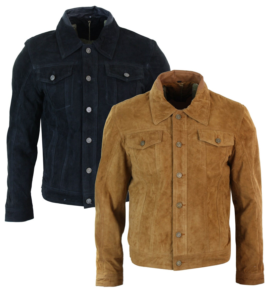 Mens Vintage Short Denim Style Retro Real Suede Leather Jean Jacket ...