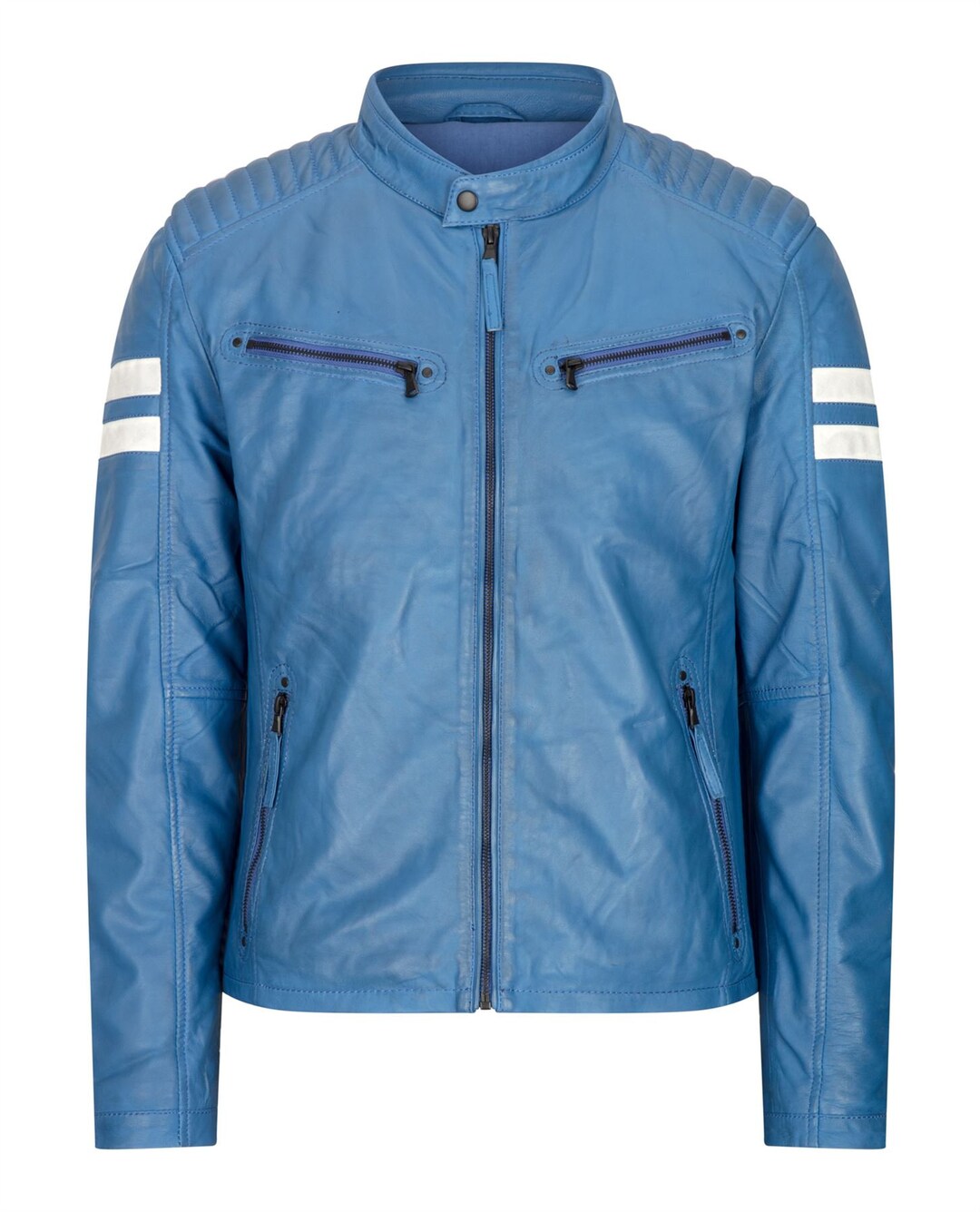 Mens Real Leather Biker Jacket Racing Stripes Blue Black Retro Casual ...