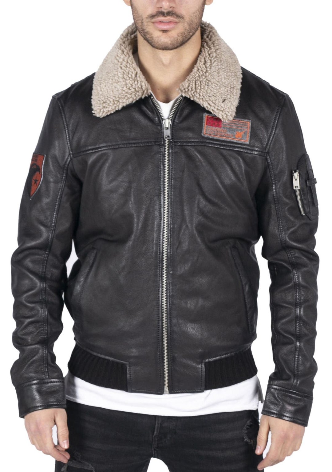 Mens Real Leather Pilot Bomber Jacket Air Force Aviator Falcon Badge ...