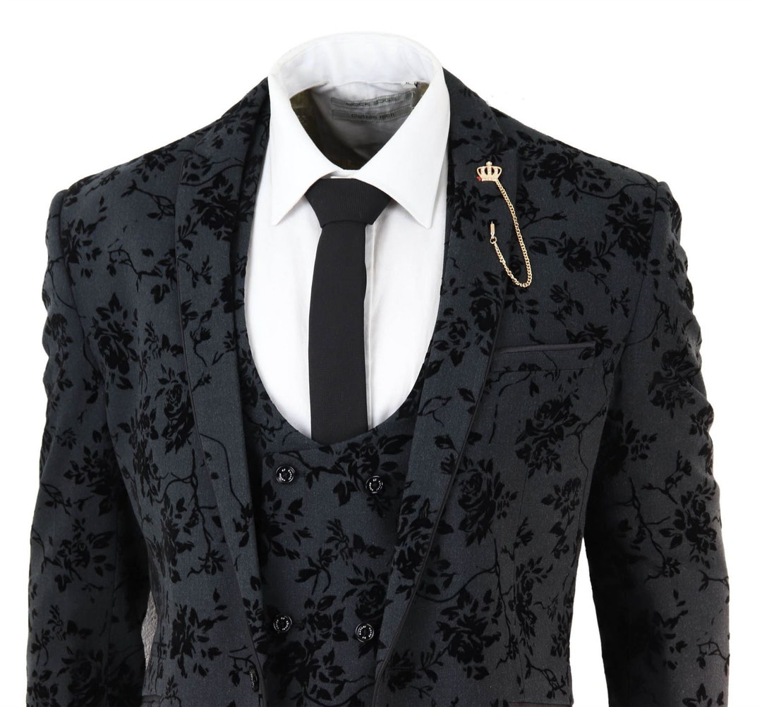 Mens Black 3 Piece Suit Paisley Velvet Wedding Grrom Best Man Etsy Uk