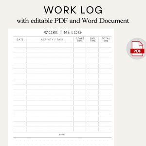 Work Log Printable. Time Spent Tracker. Time Log. Working Hours. Work ...