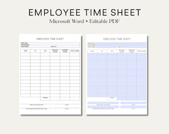 Employee Timesheet. Editable Timesheet. Printable Timesheet. Time Card ...