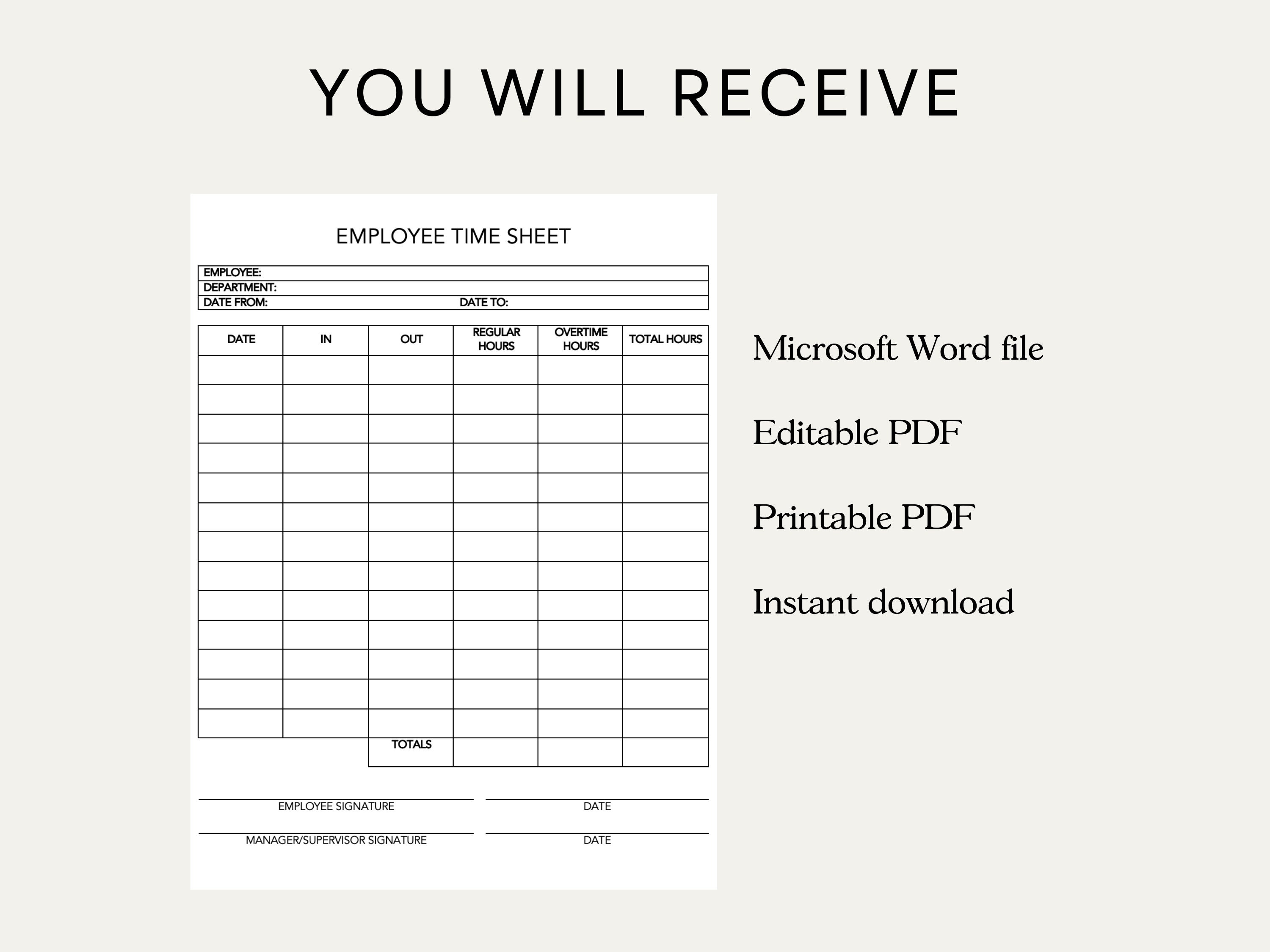 Employee Timesheet. Editable Timesheet. Printable Timesheet. Time Card ...
