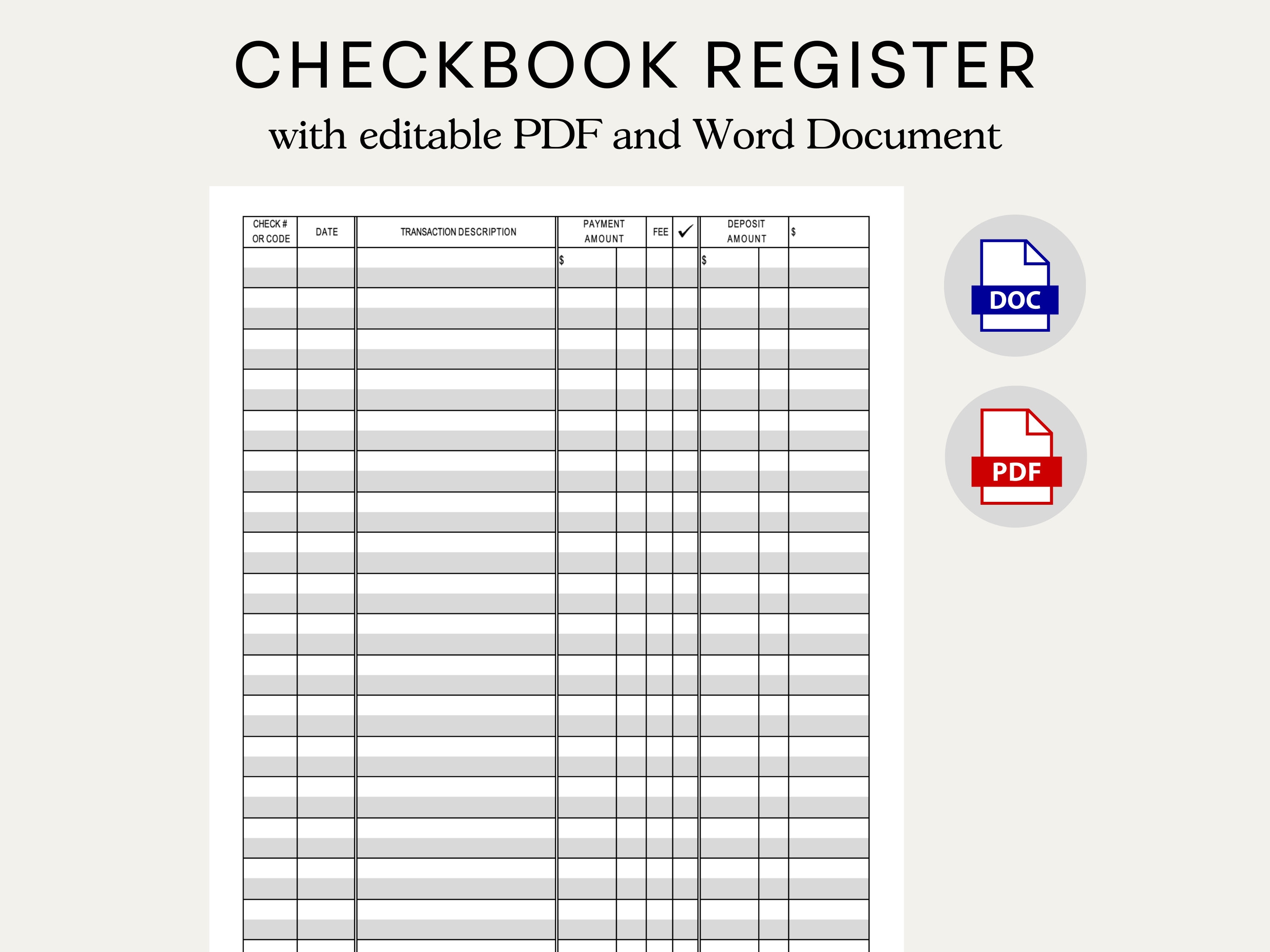 Printable Checkbook Register. PDF File. Prints on 8 1/2 X 11 Inch Paper ...