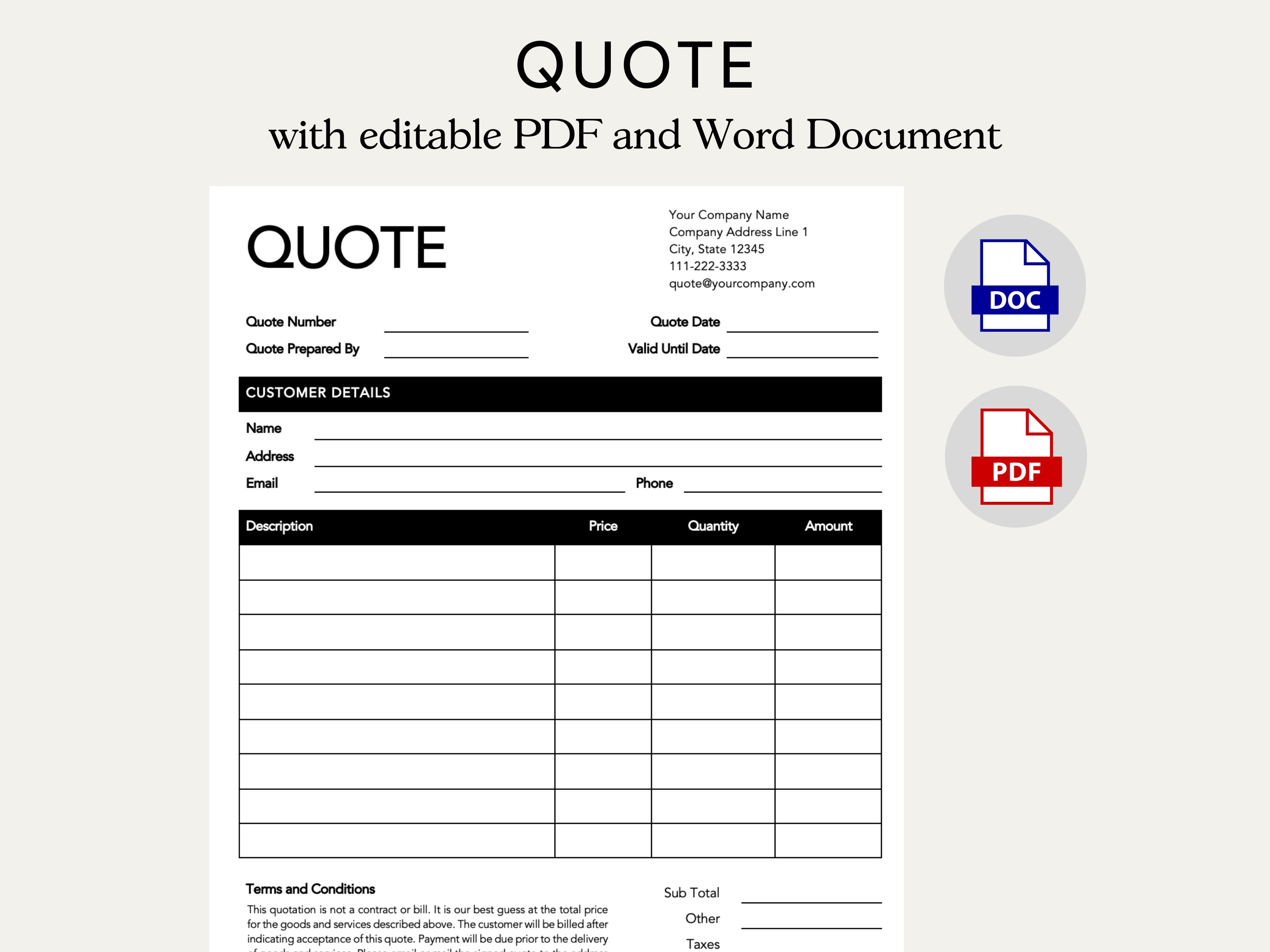 Quote Template. Pdf/microsoft Word. Quote Form. Job Quote. Job Proposal ...