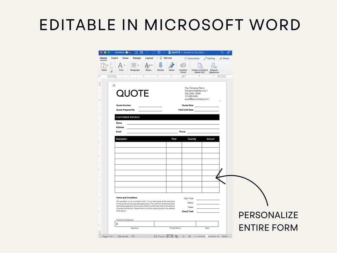 Quote Template. Pdf/microsoft Word. Quote Form. Job Quote. Job Proposal ...