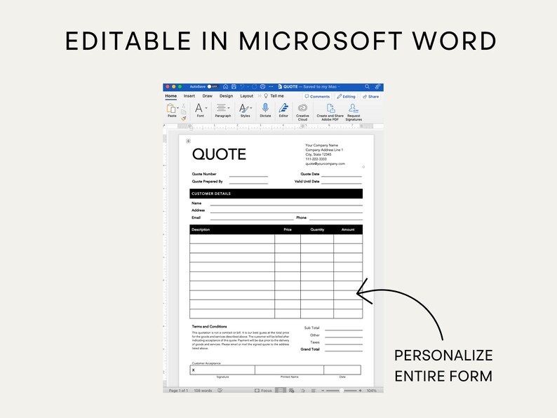 Quote Template. Pdf/microsoft Word. Quote Form. Job Quote. Job Proposal ...