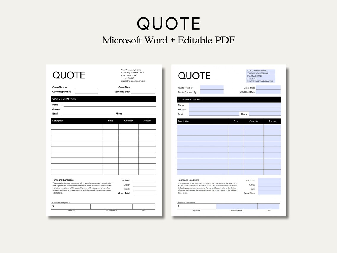 Quote Template. Pdf/microsoft Word. Quote Form. Job Quote. Job Proposal ...