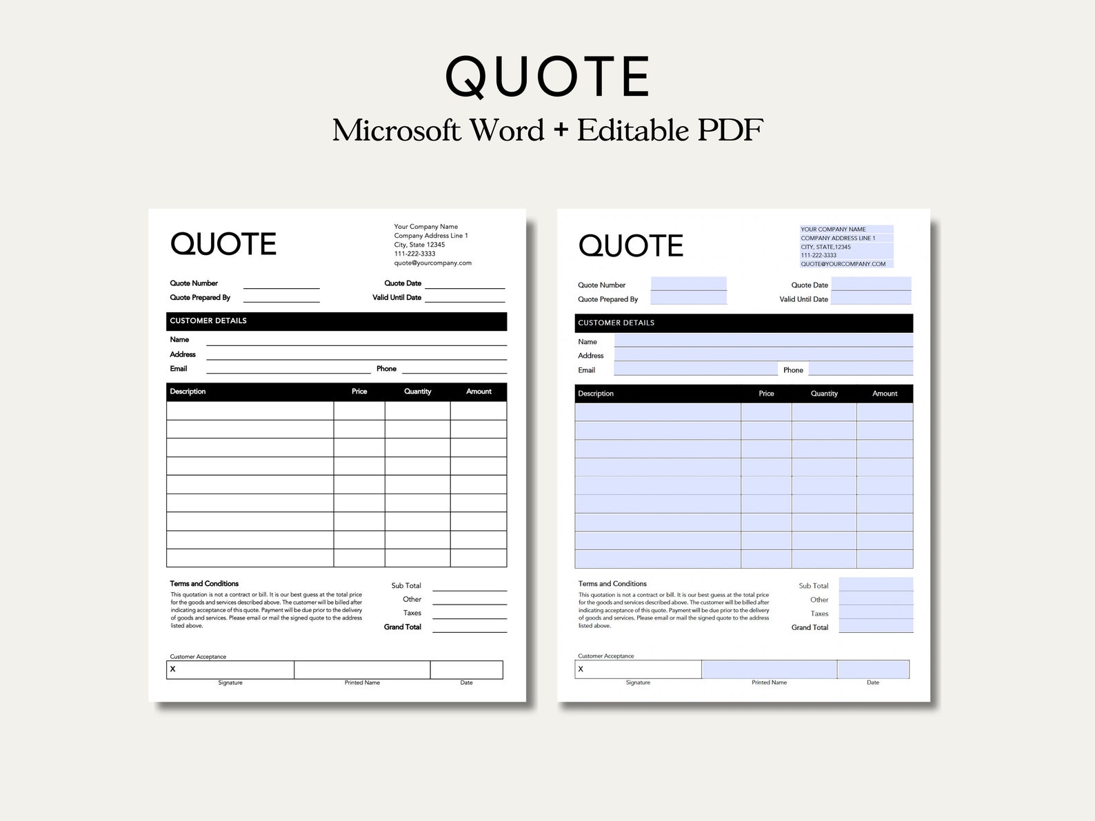 Quote Template. Pdf/microsoft Word. Quote Form. Job Quote. Job Proposal ...