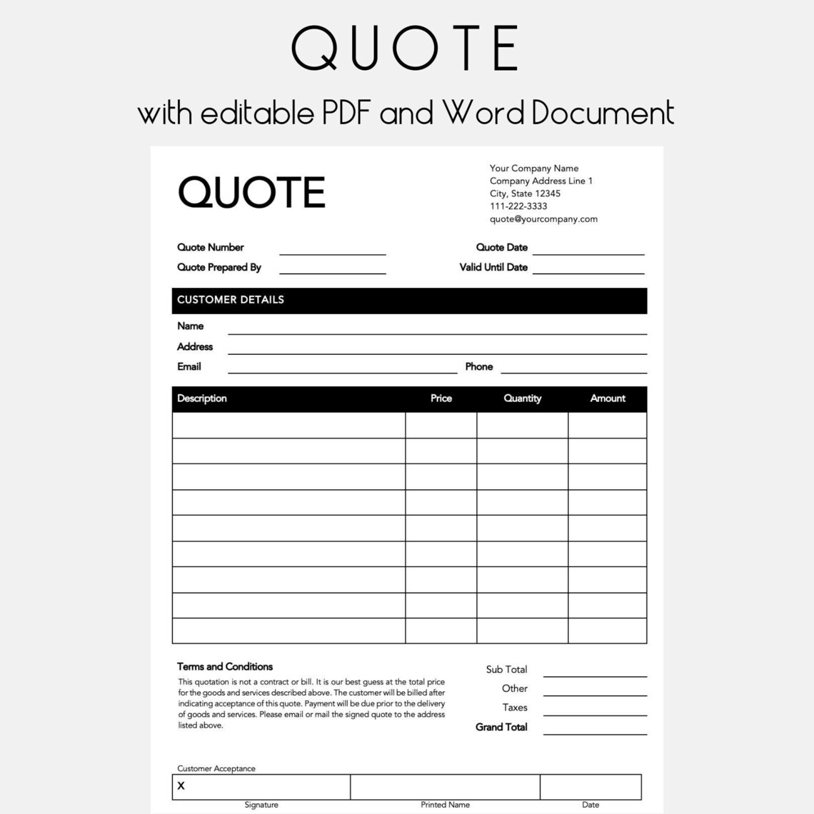 Quote Template. Pdf/microsoft Word. Quote Form. Job Quote. Job - Etsy