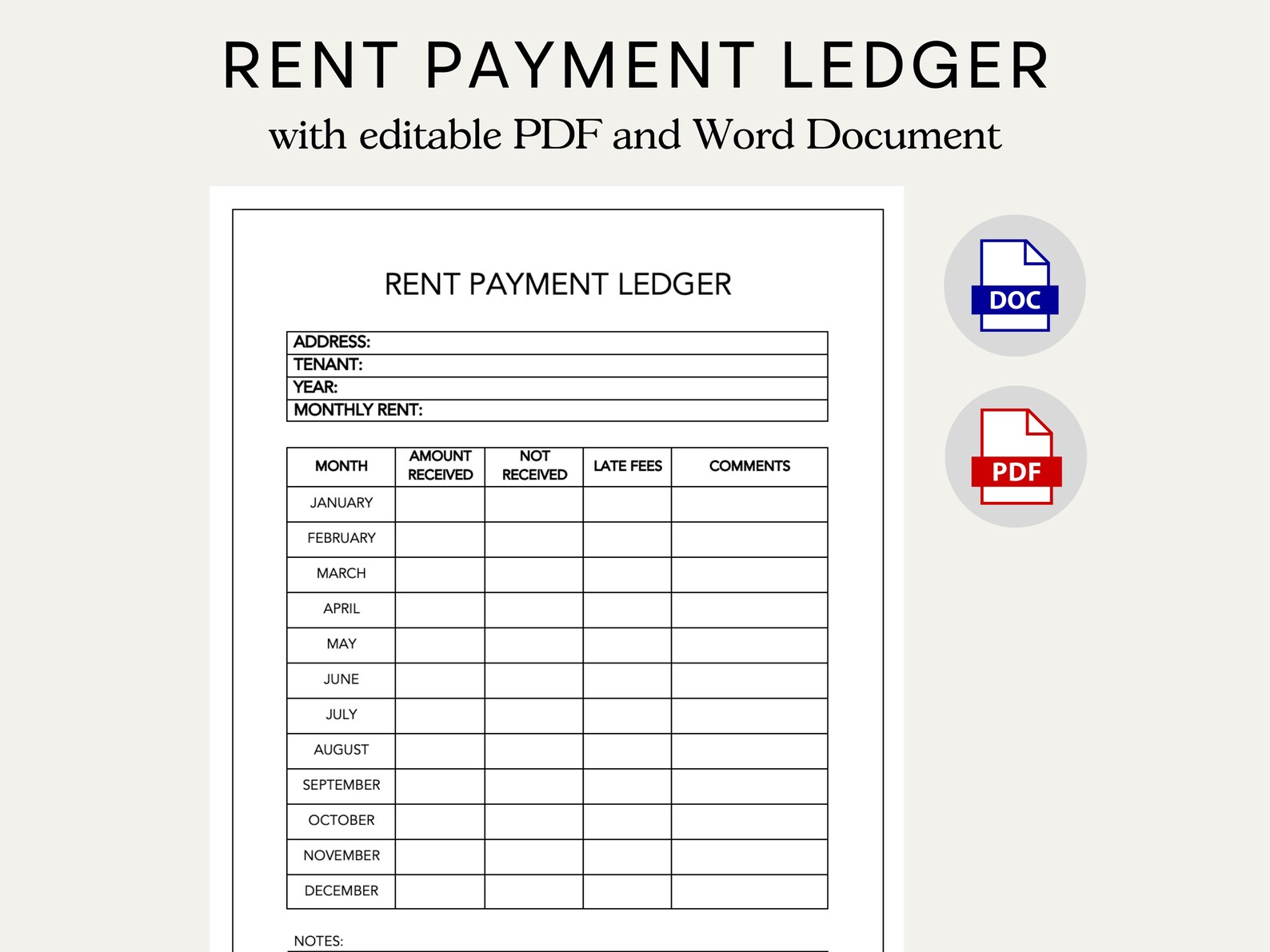Rent Payment Ledger. Monthly Yearly Rent Payment Tracker. Rental ...