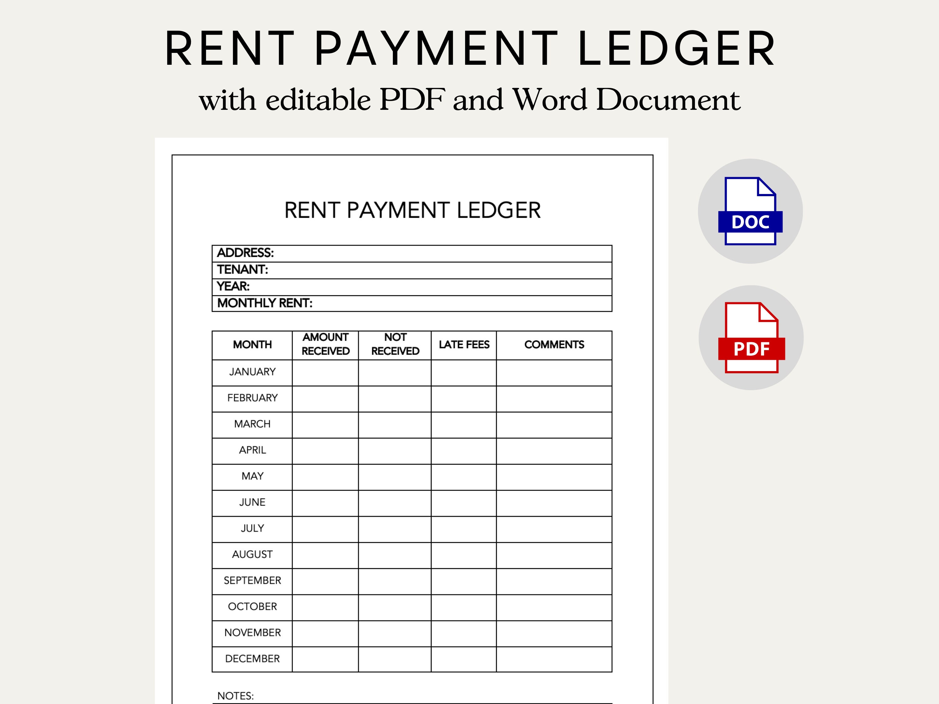 Rent Payment Ledger. Monthly Yearly Rent Payment Tracker. Rental ...