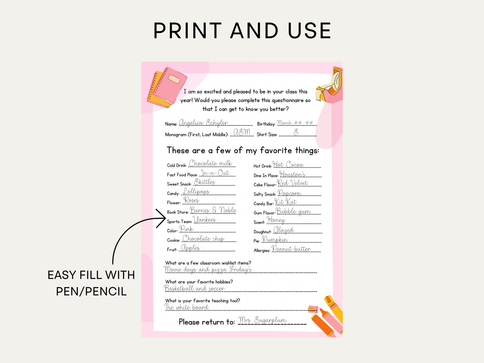 Teacher Questionnaire Printable. Back to School Questionnaire Printable ...