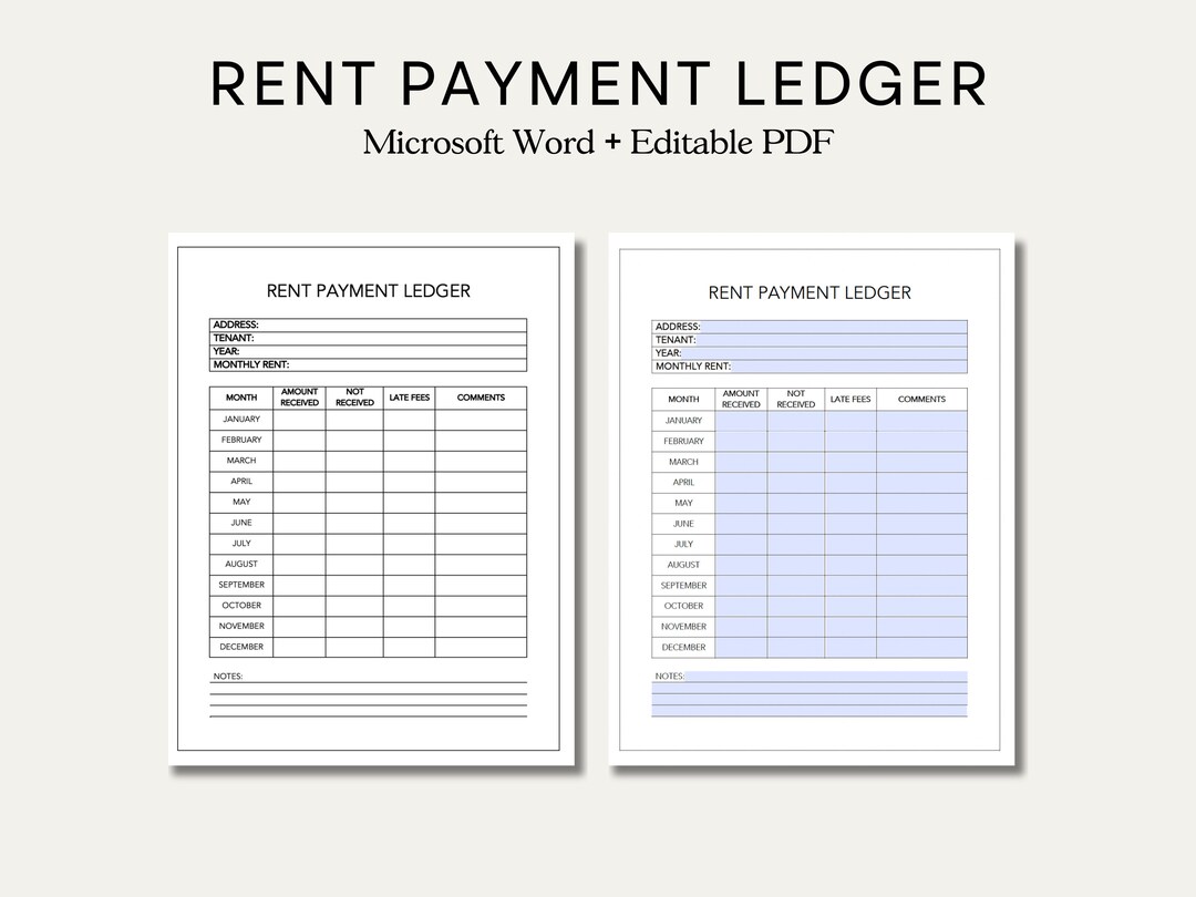 Rent Payment Ledger. Monthly Yearly Rent Payment Tracker. Rental ...