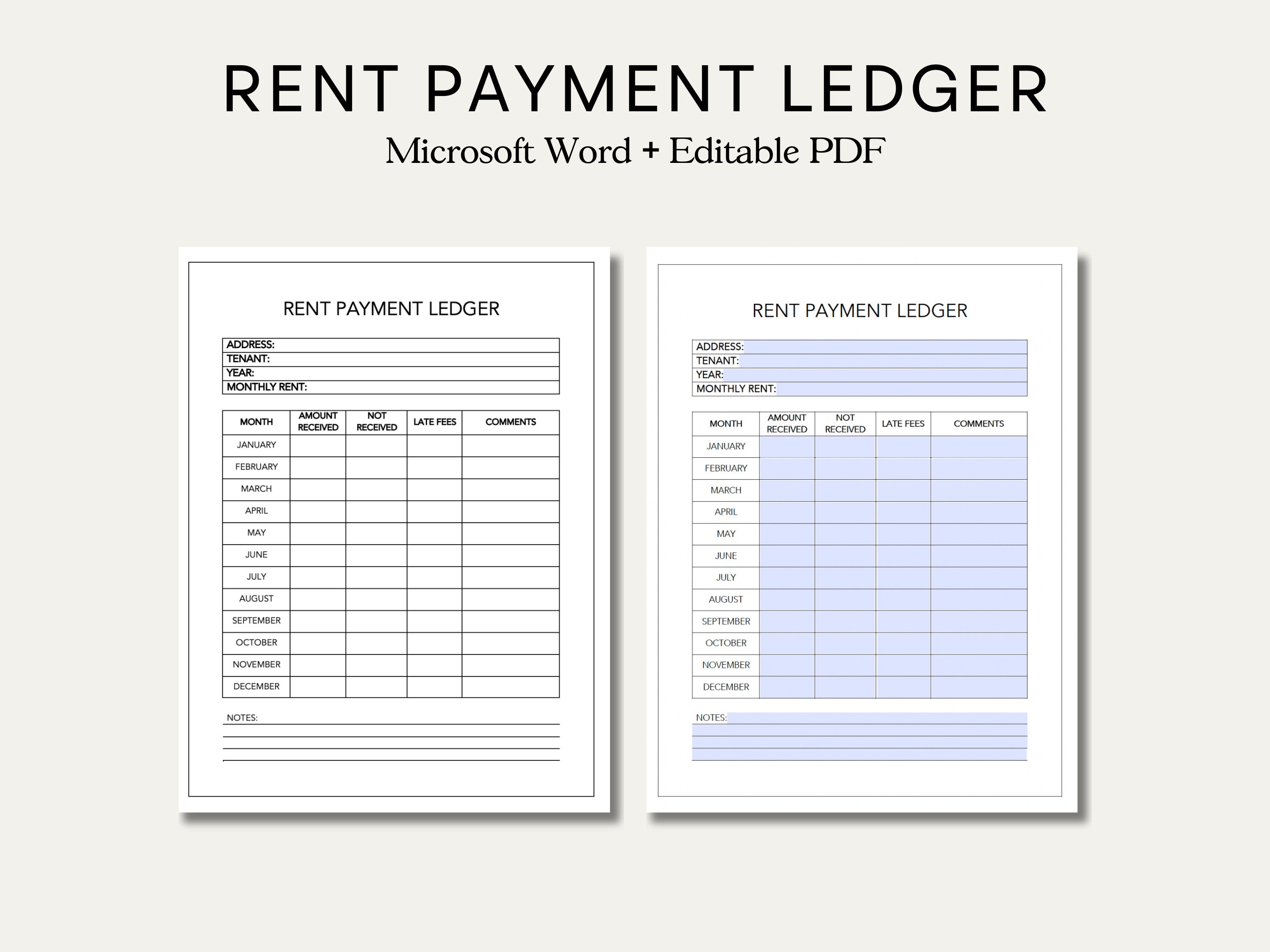 Rent Payment Ledger. Monthly Yearly Rent Payment Tracker. Rental ...