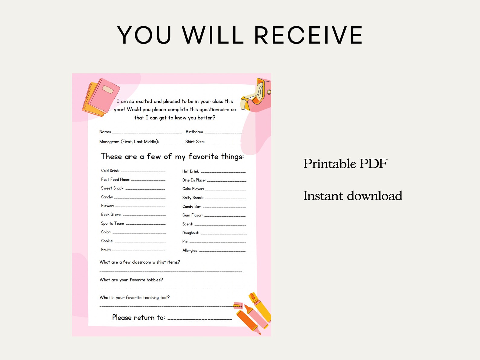 Teacher Questionnaire Printable. Back to School Questionnaire Printable ...