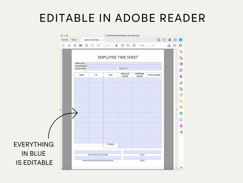 Employee Timesheet. Editable Timesheet. Printable Timesheet. Time Card ...
