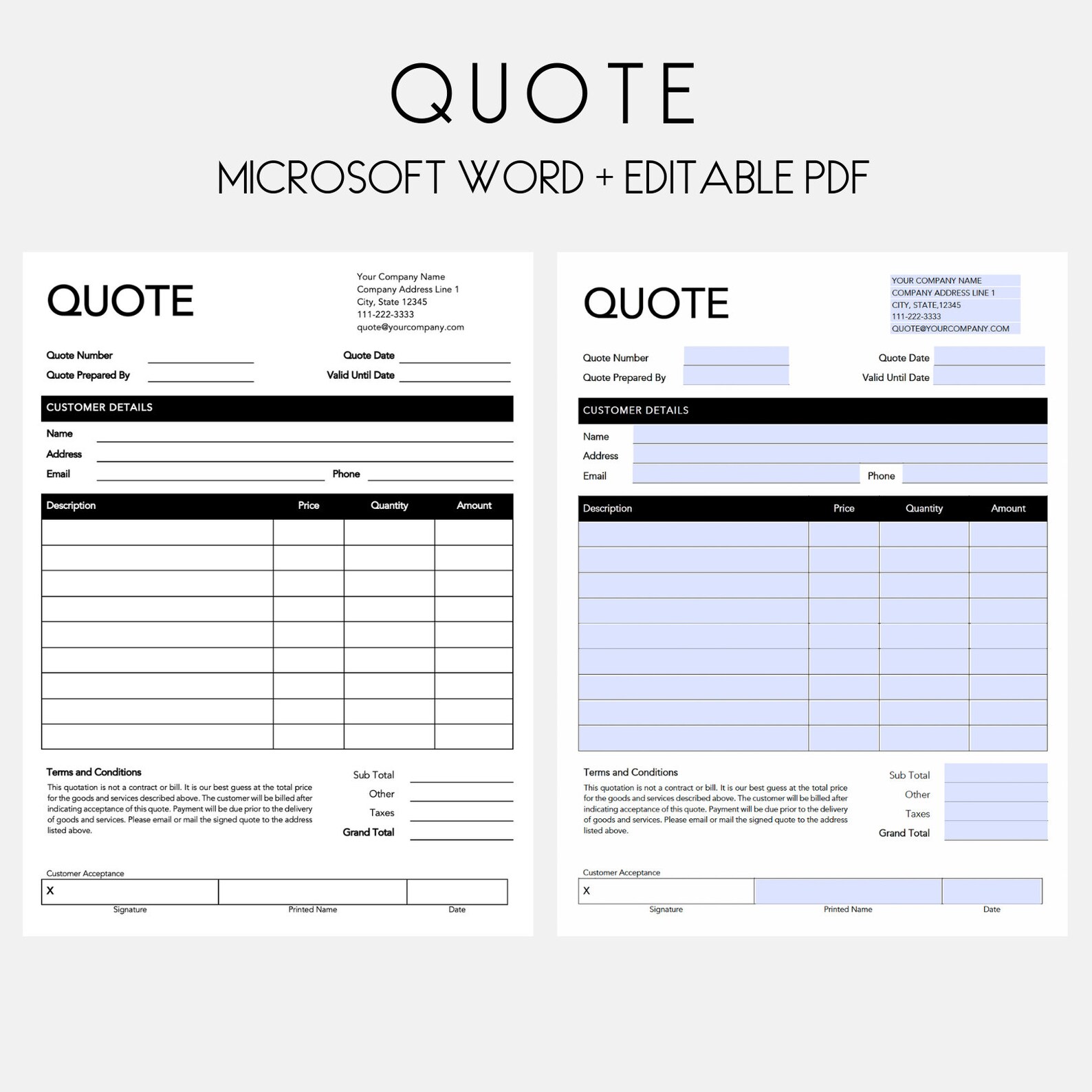 Quote Template. Pdf/microsoft Word. Quote Form. Job Quote. Job - Etsy