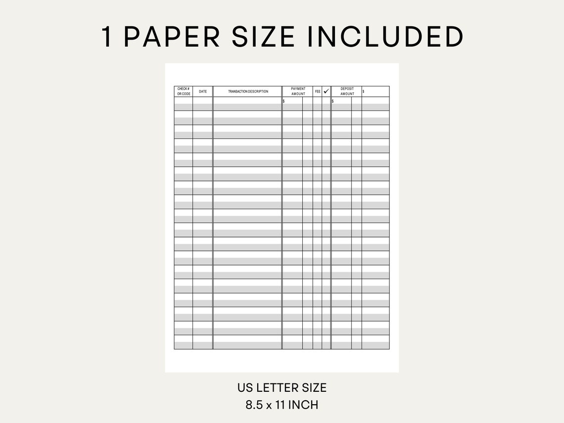 Printable Checkbook Register. PDF File. Prints on 8 1/2 X 11 Inch Paper ...