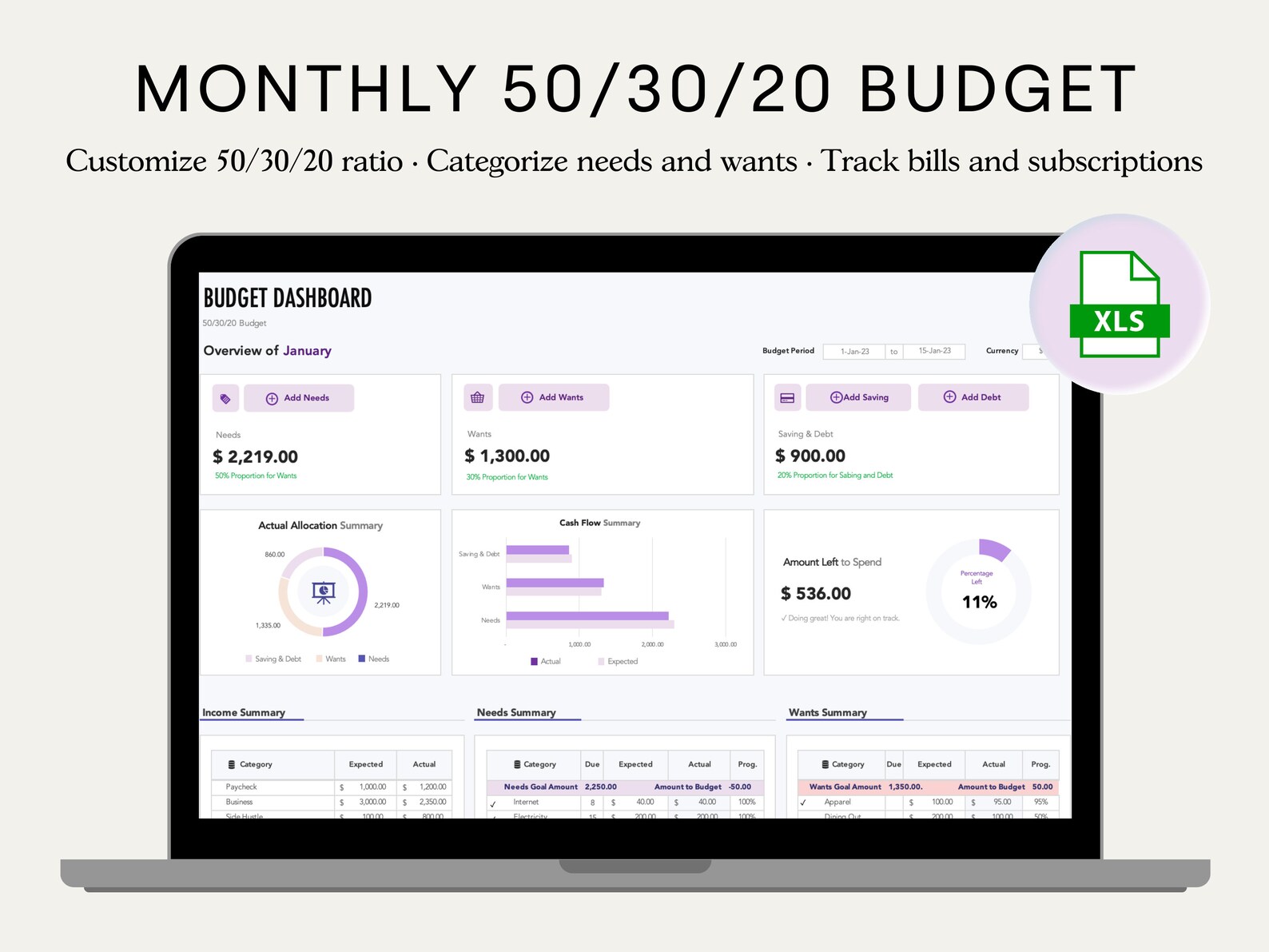 50/30/20 Monthly Budget Spreadsheet Excel Budget Planner Budget ...