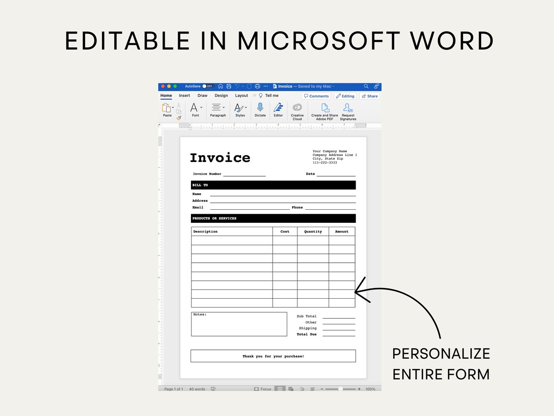 Invoice Template Pdf/word. Business Invoice. Invoice Word. Editable ...