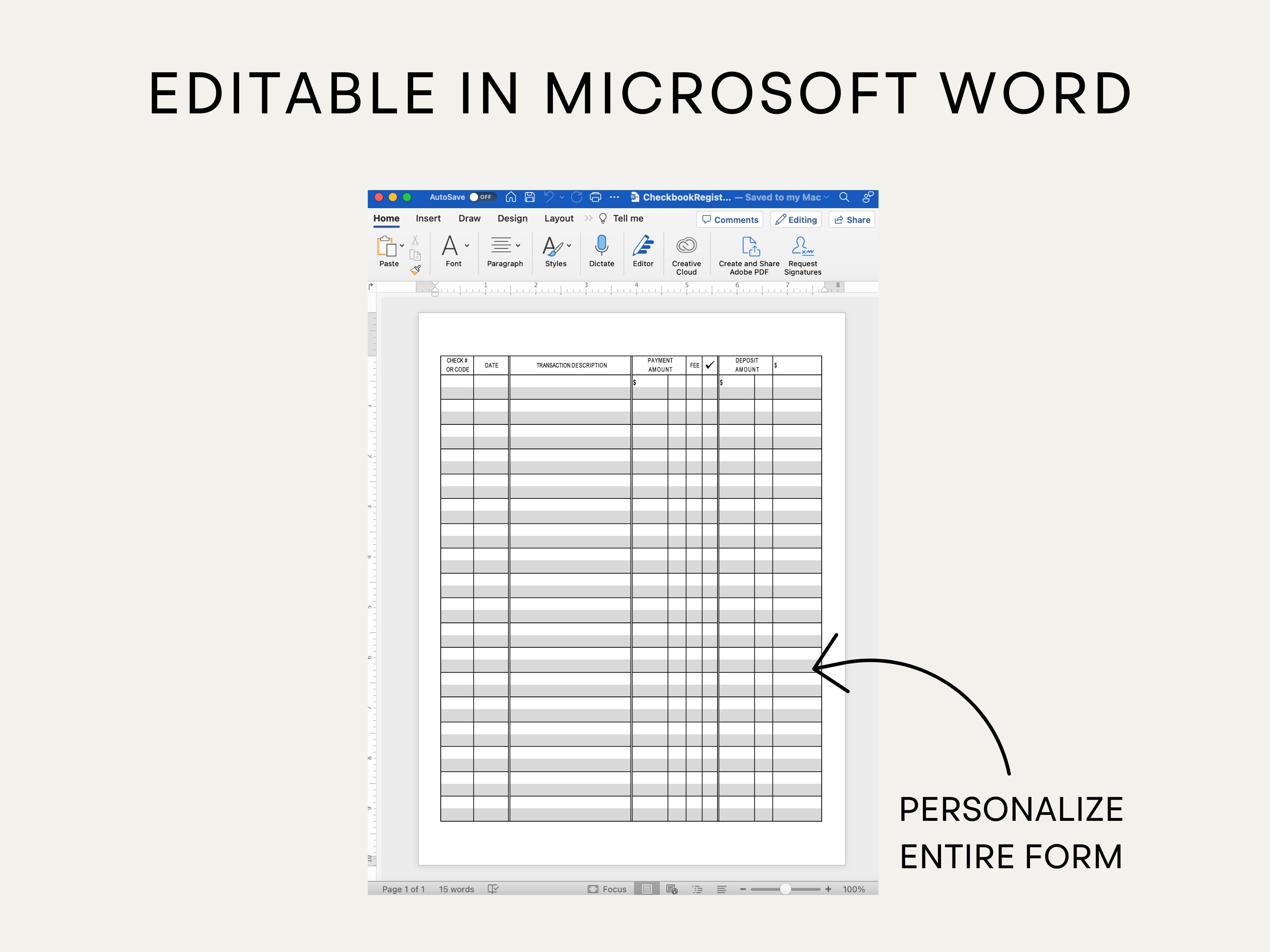 Printable Checkbook Register. PDF File. Prints on 8 1/2 X 11 Inch Paper ...