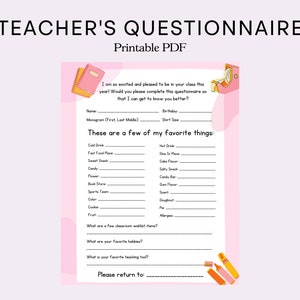 Teacher Questionnaire Printable. Back to School Questionnaire Printable ...