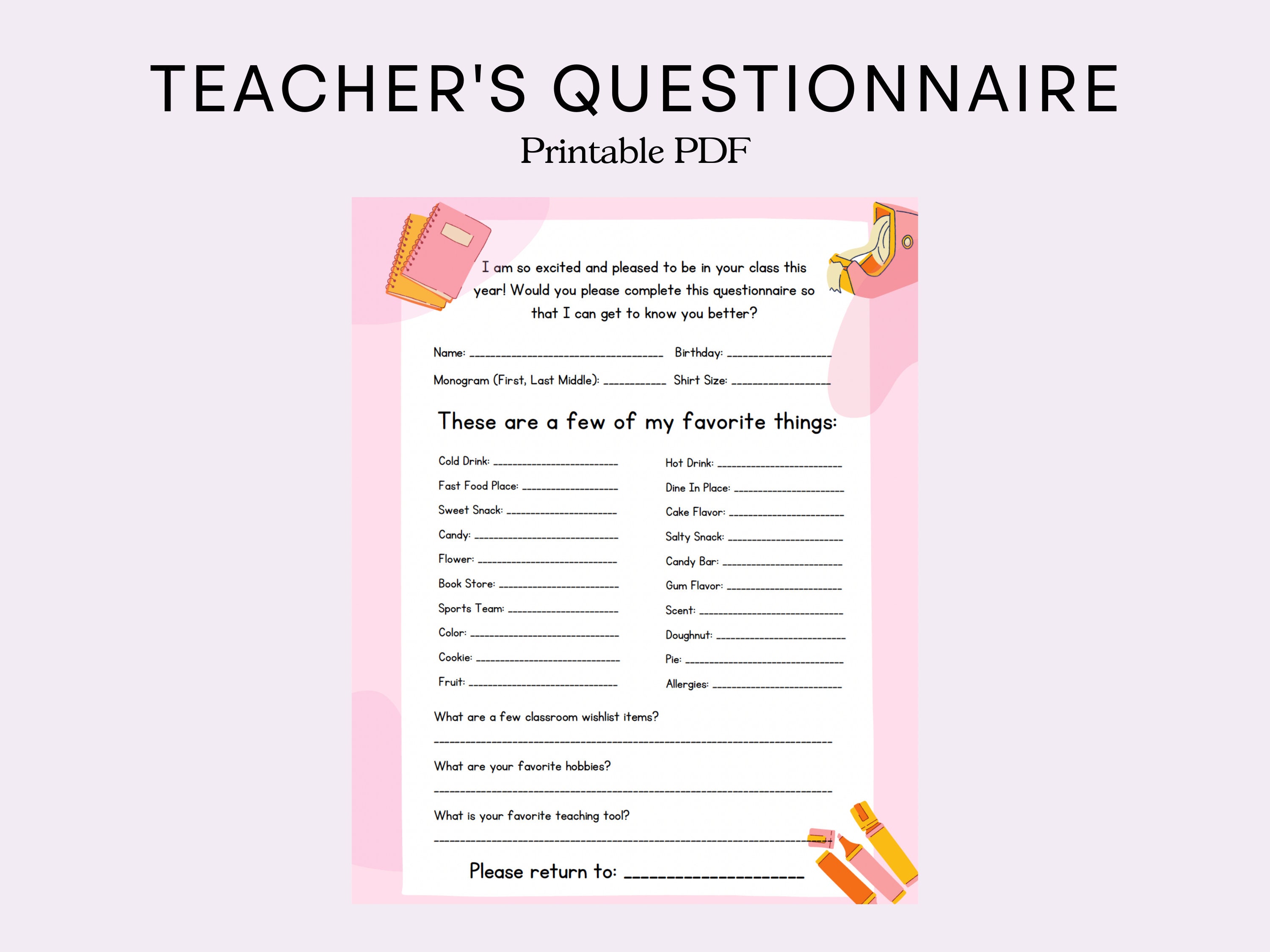 Teacher Questionnaire Printable. Back to School Questionnaire Printable ...