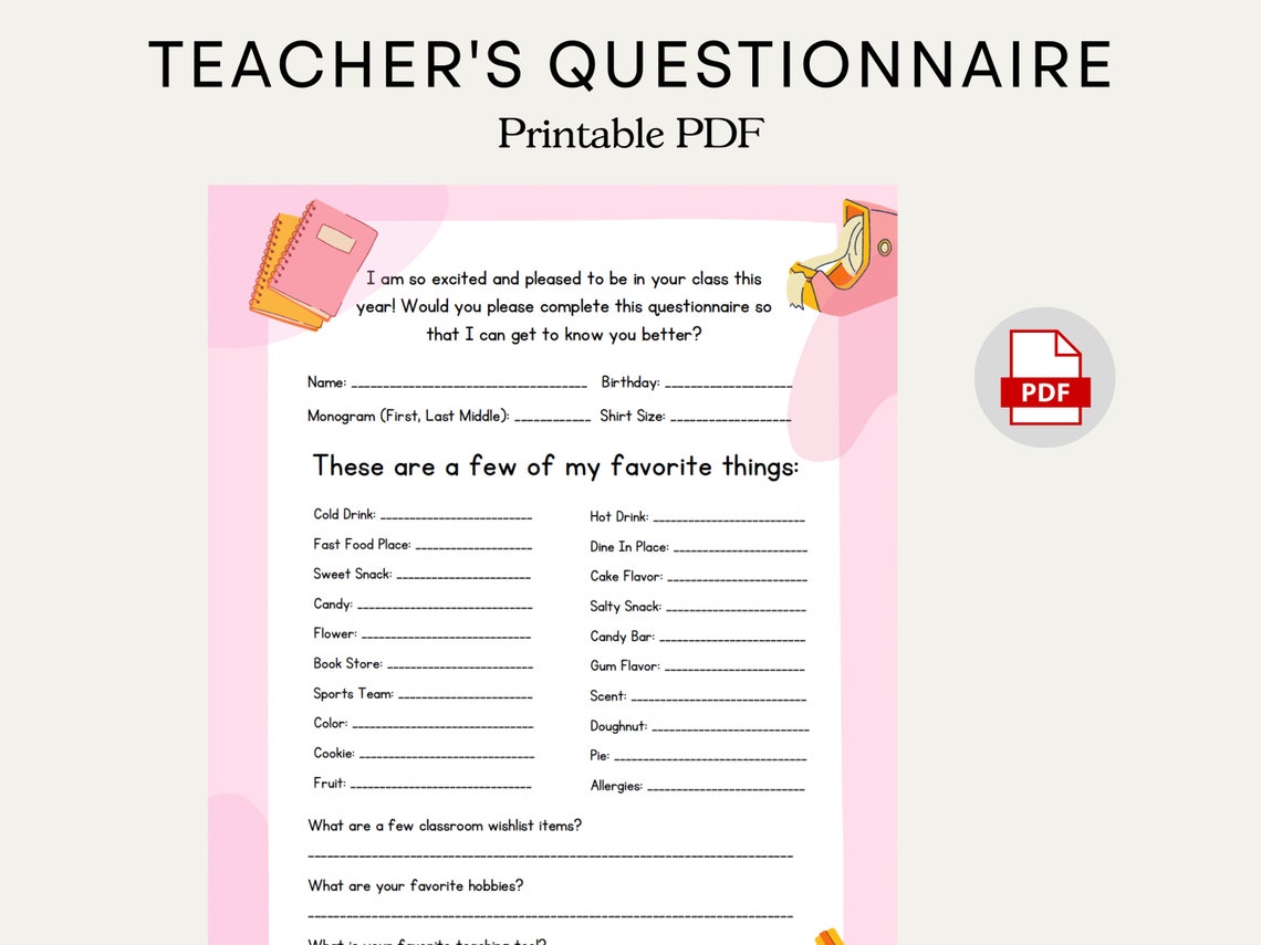 Teacher Questionnaire Printable. Back to School Questionnaire Printable ...