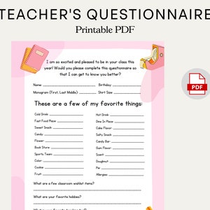 Teacher Questionnaire Printable. Back to School Questionnaire Printable ...