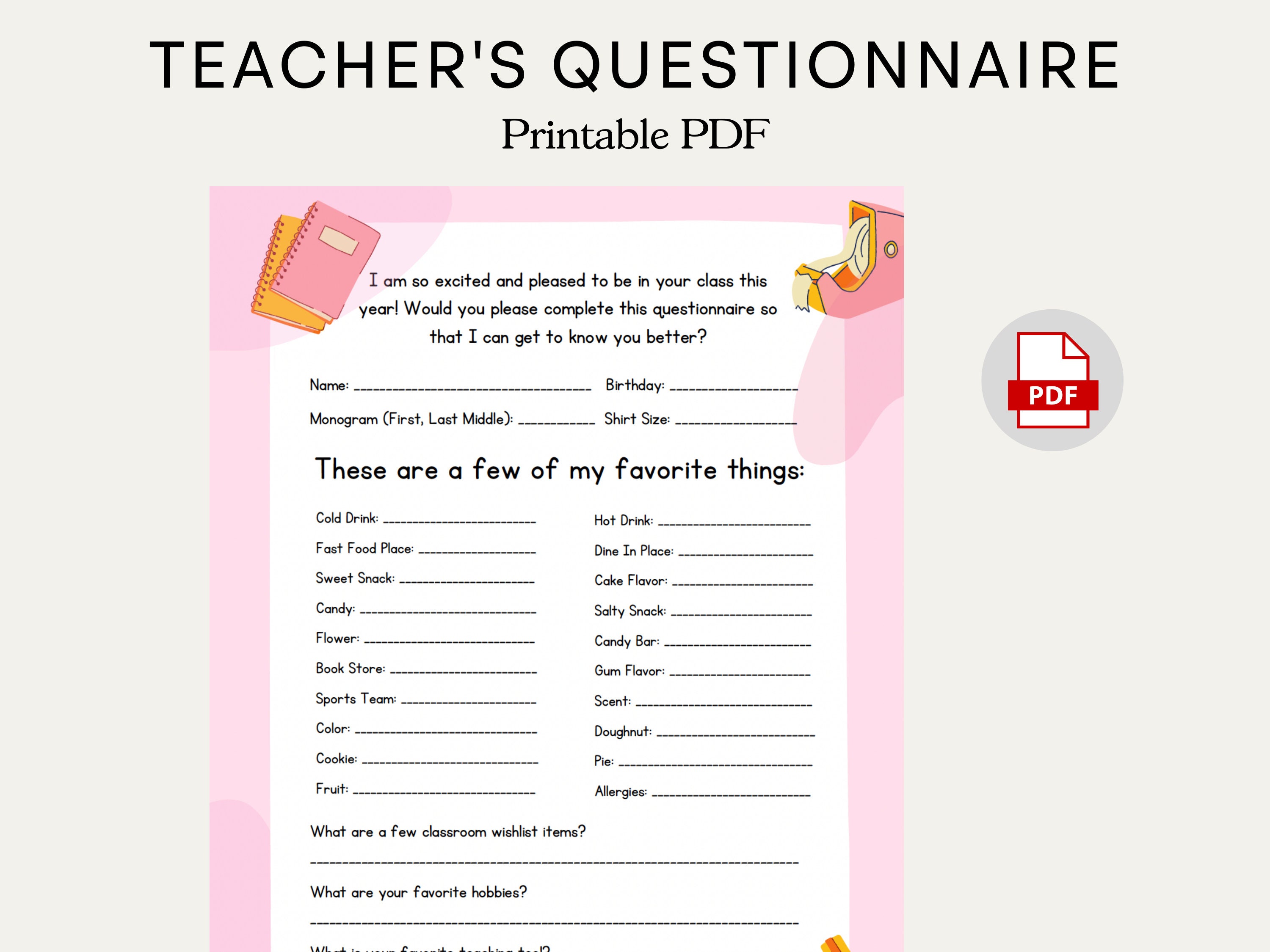 Teacher Questionnaire Printable. Back to School Questionnaire Printable ...