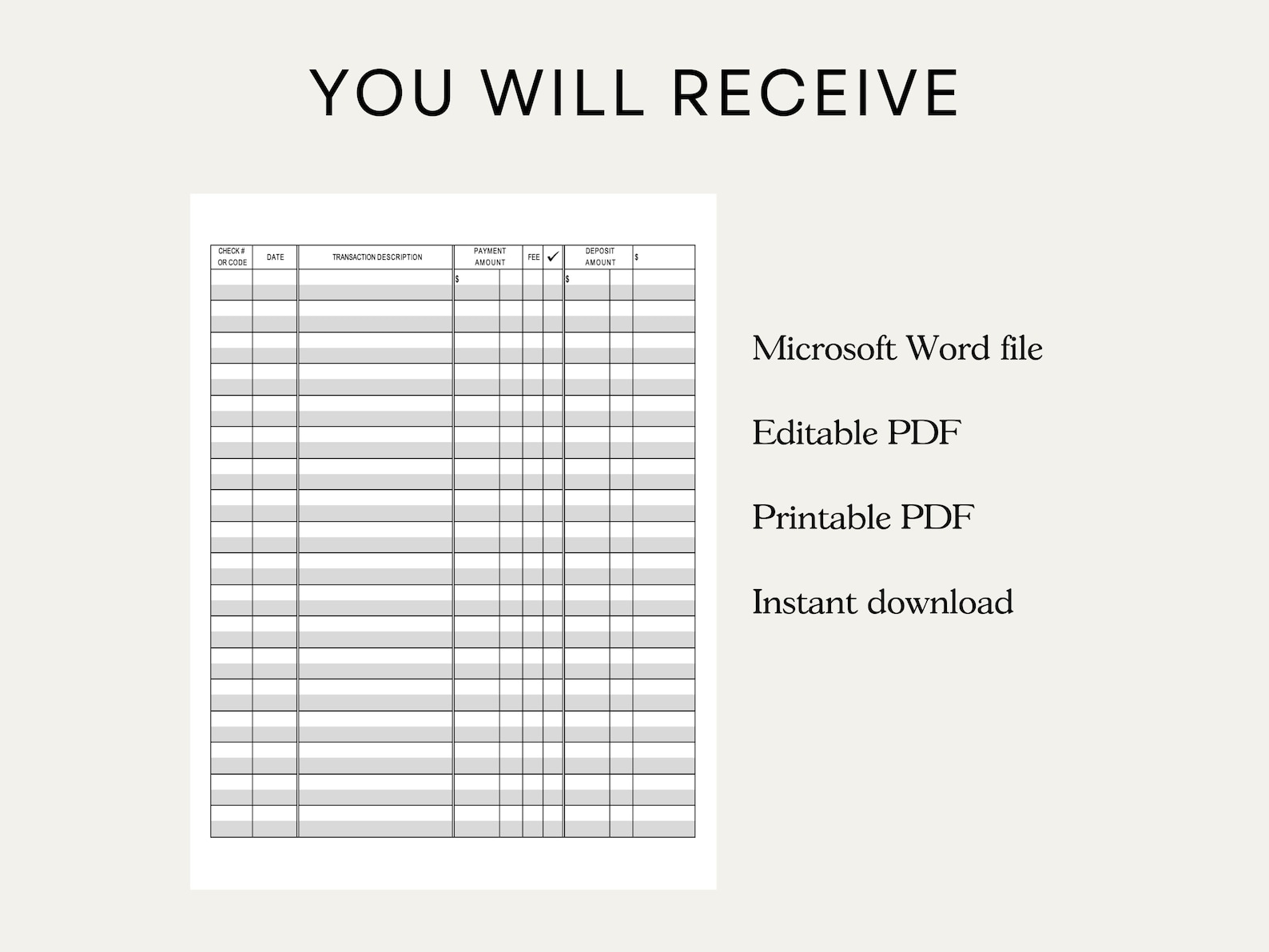 Printable Checkbook Register. PDF File. Prints on 8 1/2 X 11 Inch Paper ...