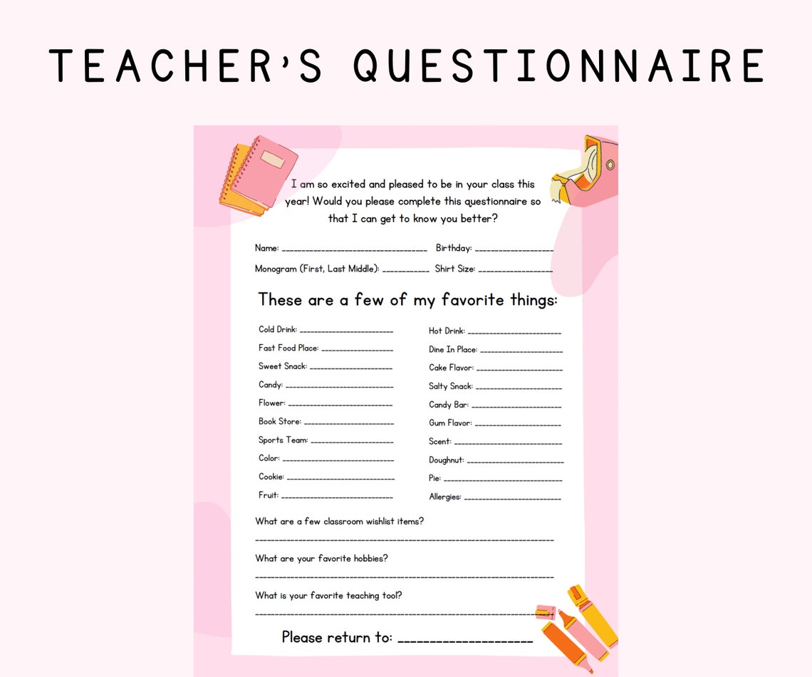 Teacher Questionnaire Printable. Back to School Questionnaire - Etsy