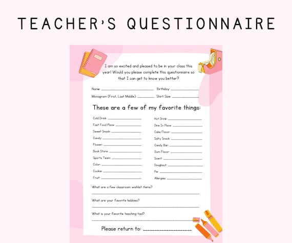 Teacher Questionnaire Printable. Back to School Questionnaire - Etsy