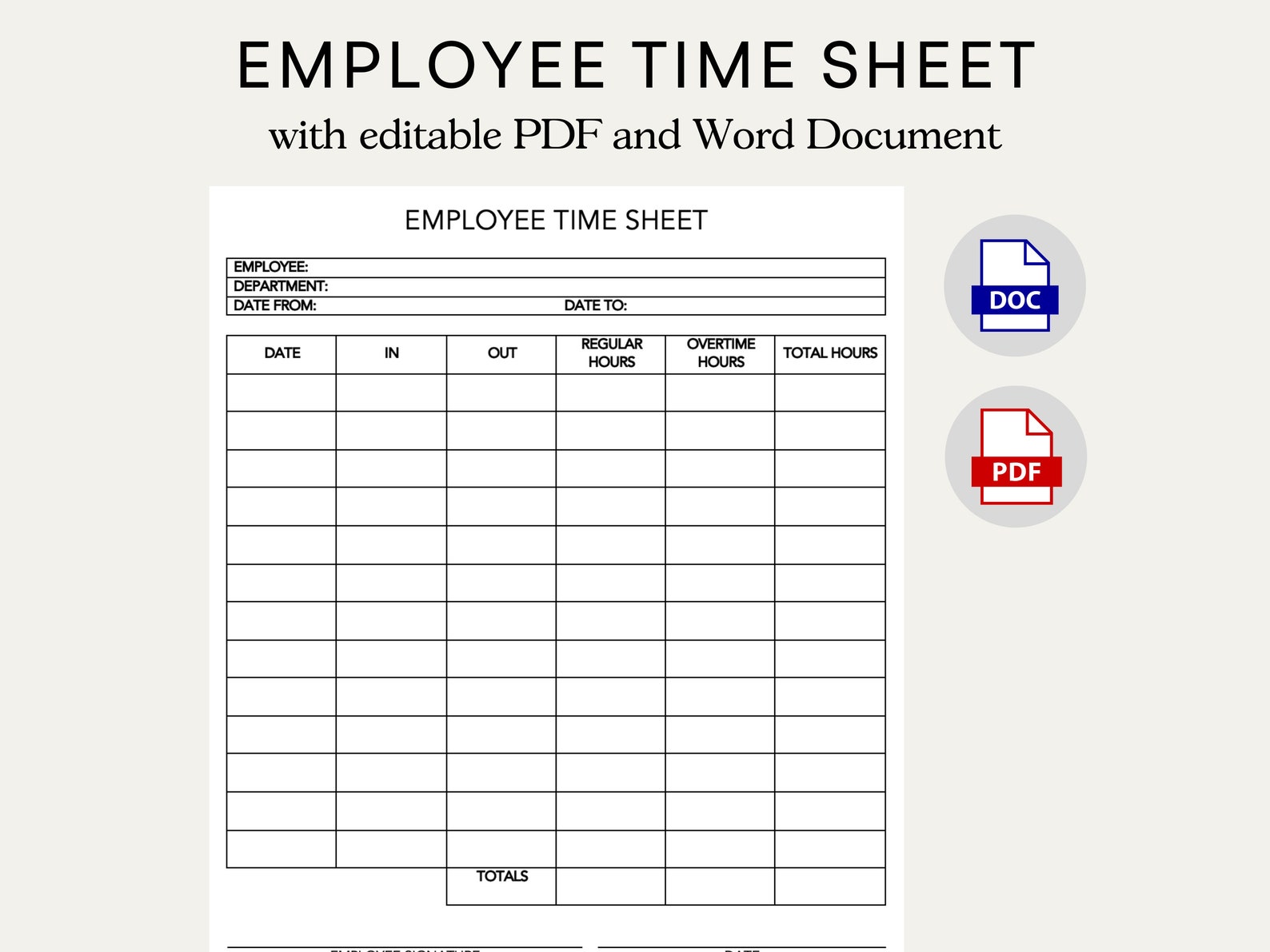Employee Timesheet. Editable Timesheet. Printable Timesheet. Time Card ...